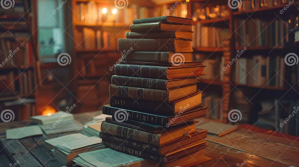 A Stack of Books on Top of Each Other in a Library. Stock Image - Image ...