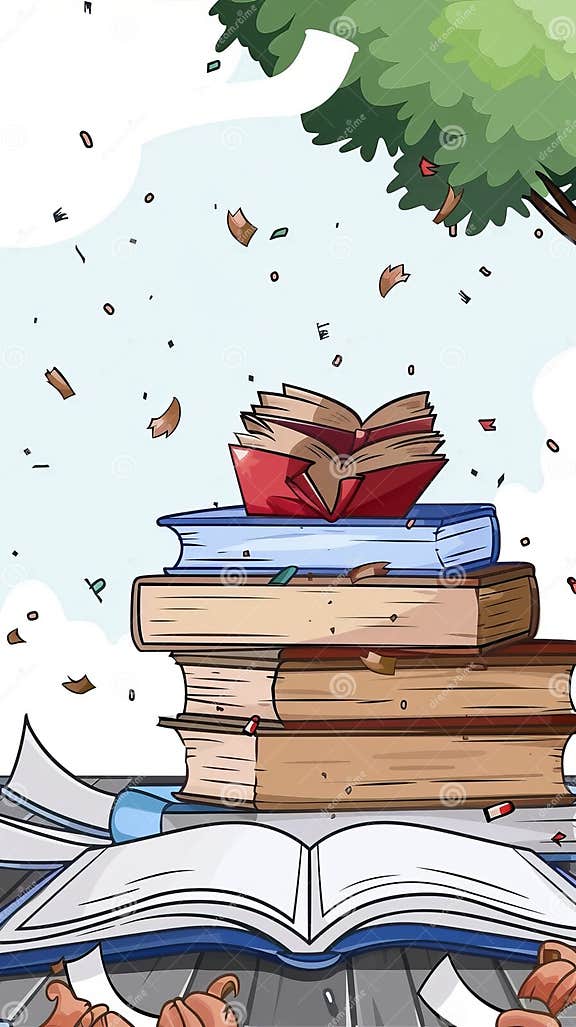 Stack of Books Under a Tree with Falling Leaves and Open Book Stock ...