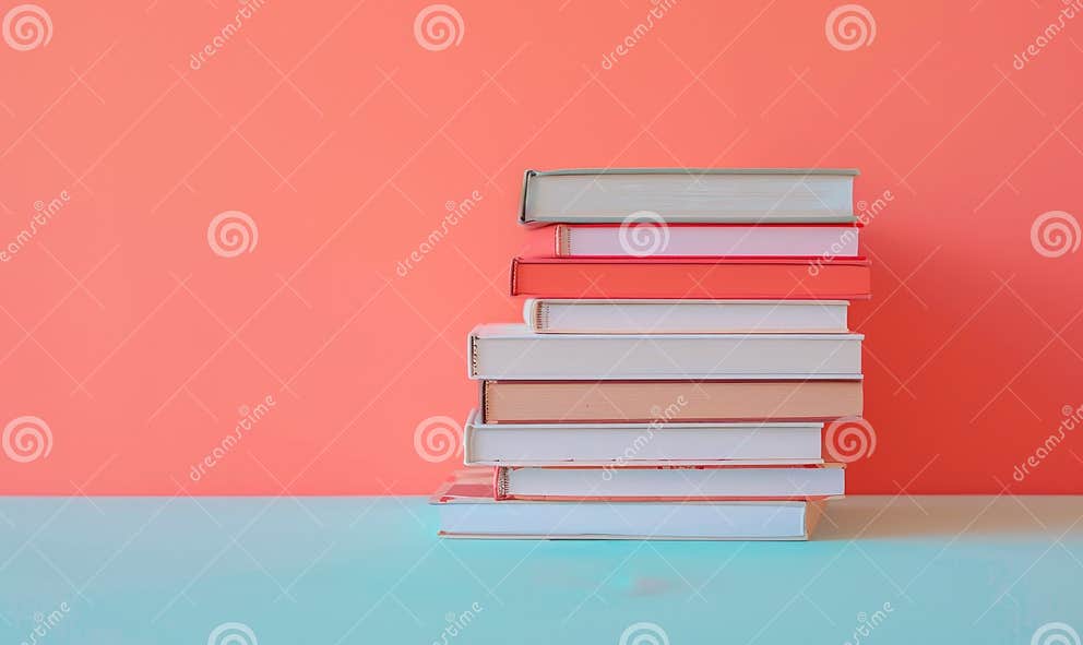 Stack of Books on a White Desk with a Pastel Coral Background Stock ...