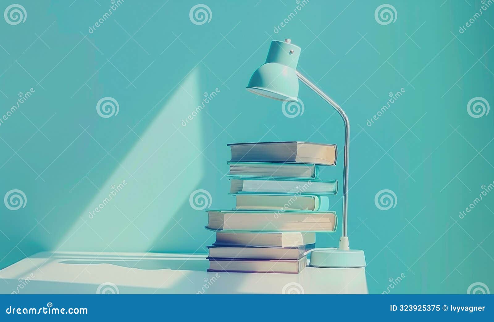 Stack of Books on a White Table with a Pastel Teal Background Stock ...
