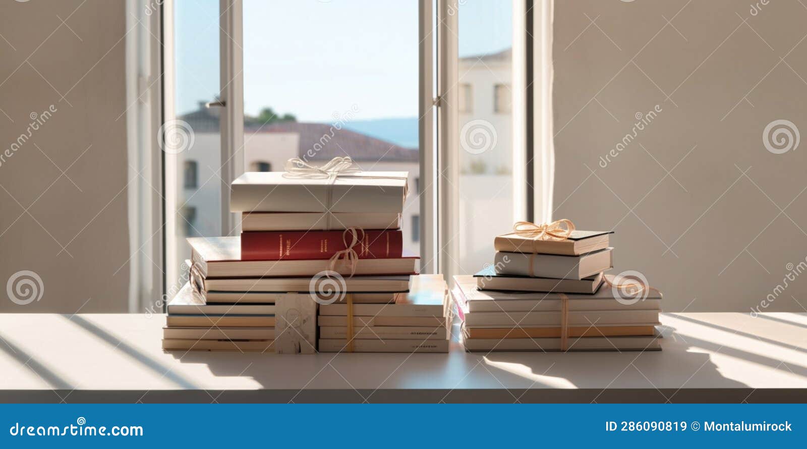 Stack of Books and Mirror Window with Sunlight Blurred Background Stock ...