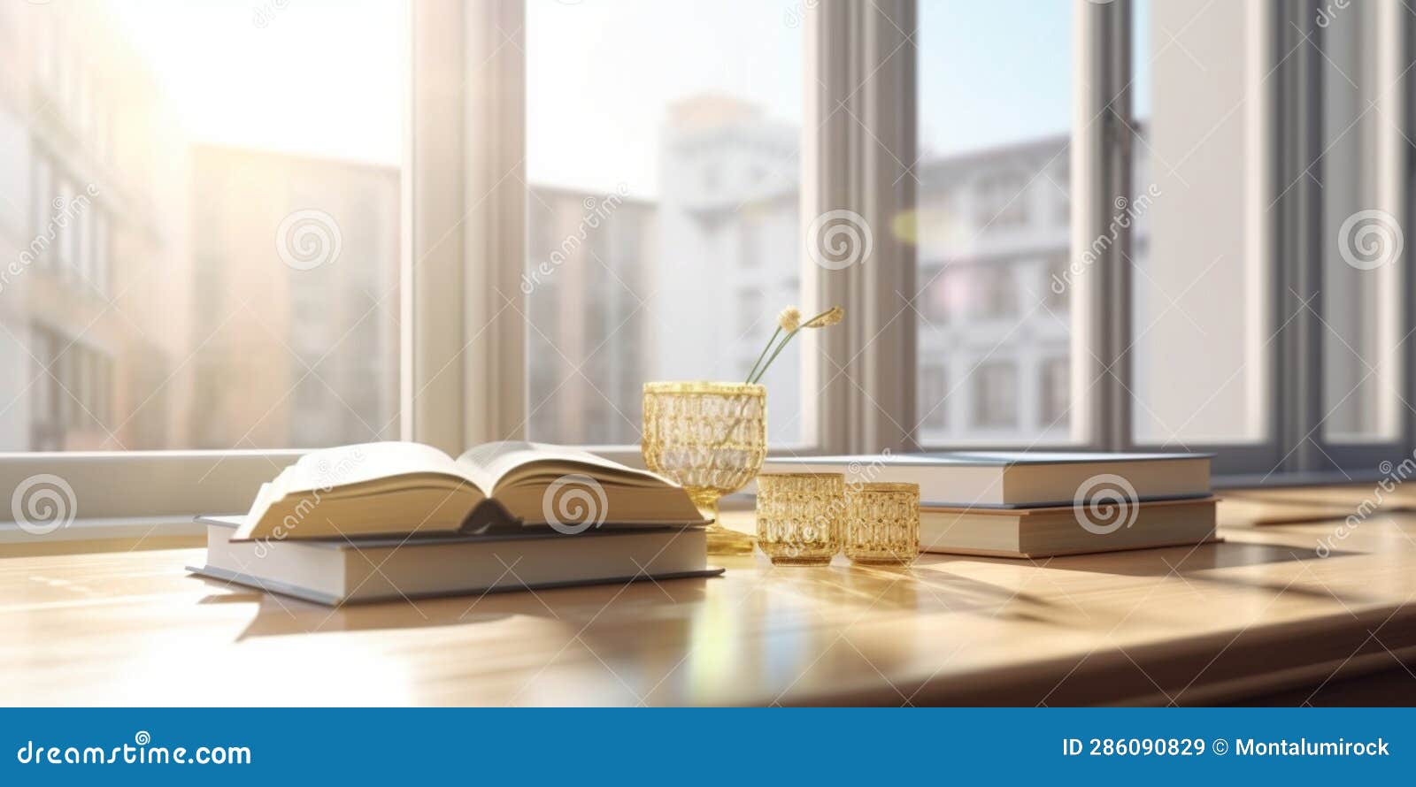 Stack of Books and Mirror Window with Sunlight Blurred Background Stock ...
