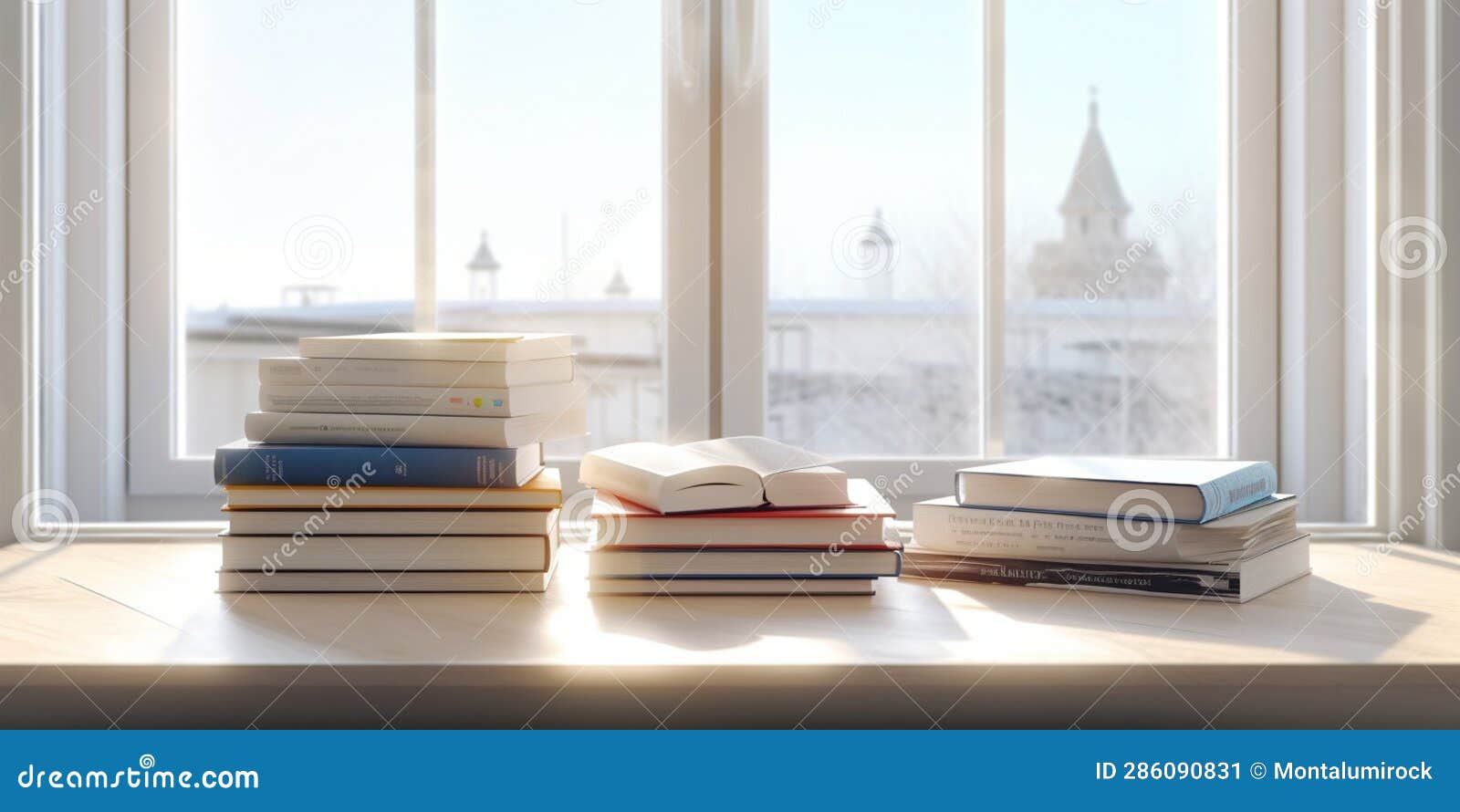 Stack of Books and Mirror Window with Sunlight Blurred Background Stock ...