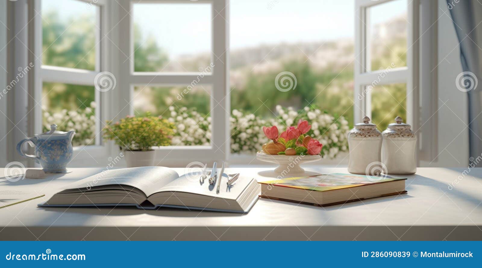 Stack of Books and Mirror Window with Sunlight Blurred Background Stock ...