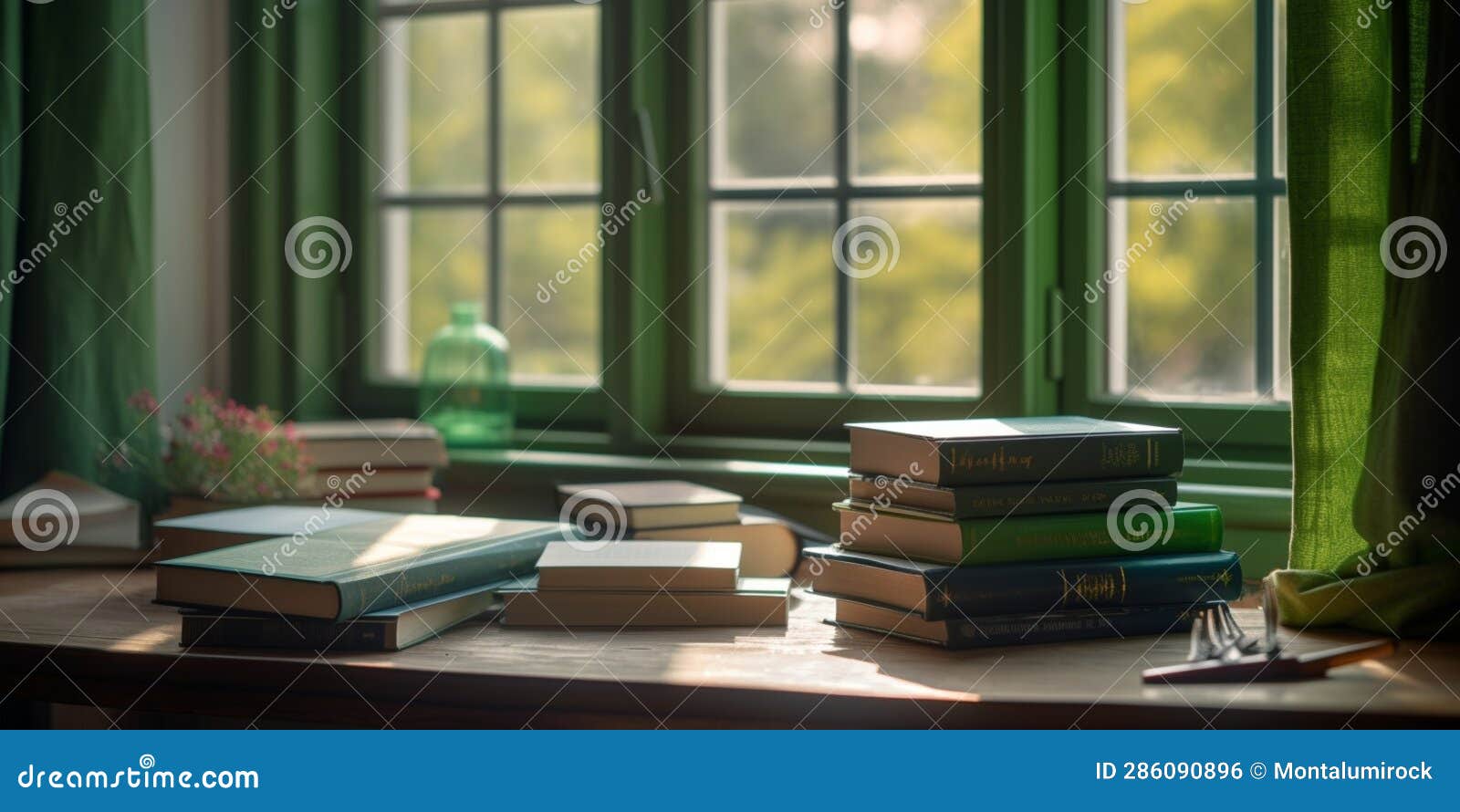 Stack of Books and Mirror Window with Sunlight in the Morning Blurred ...