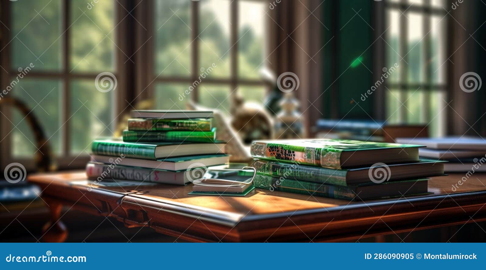 Stack of Books and Mirror Window with Sunlight in the Morning Blurred ...