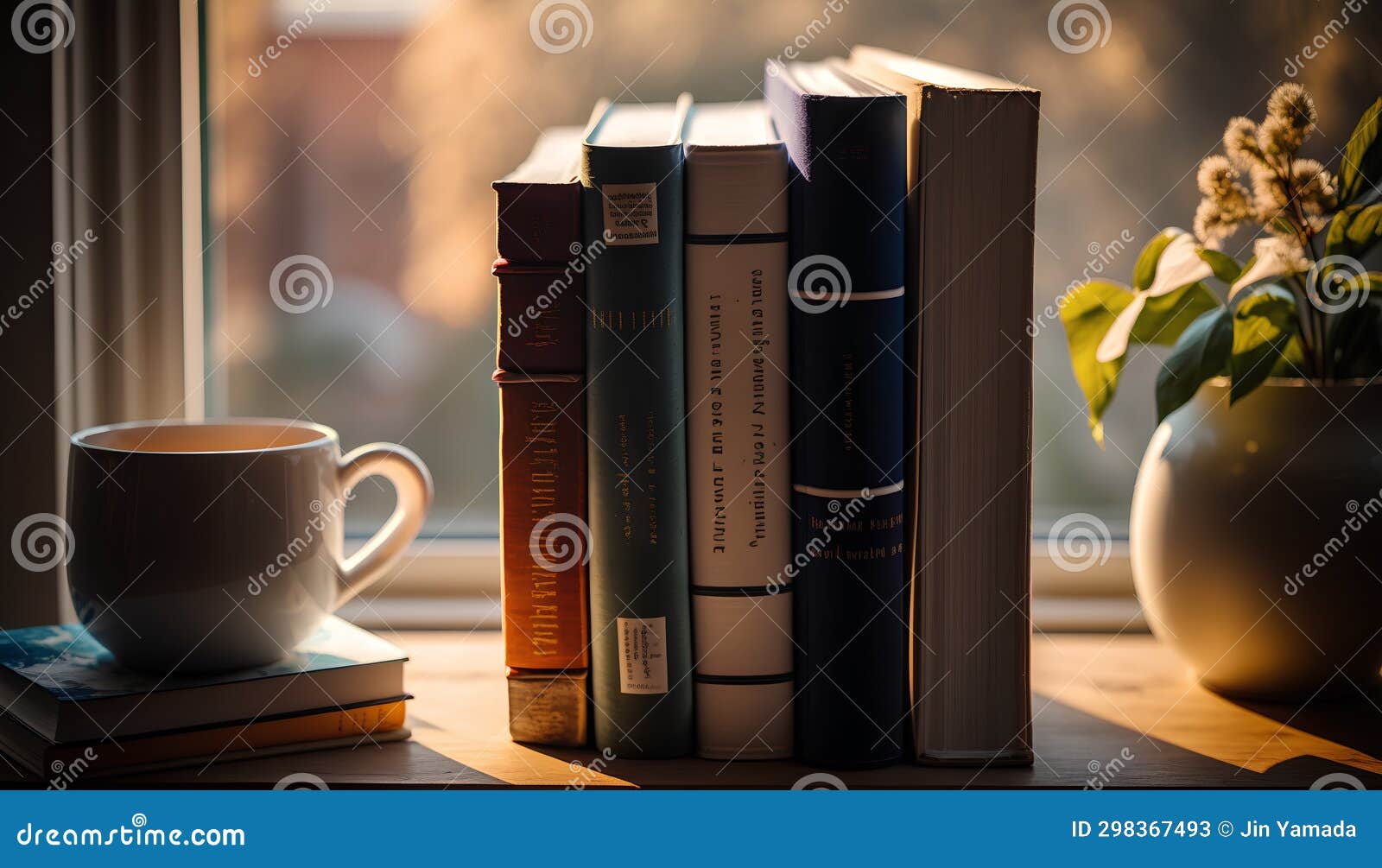 A Stack of Books on a Windowsill with a Cup of Coffee Stock ...