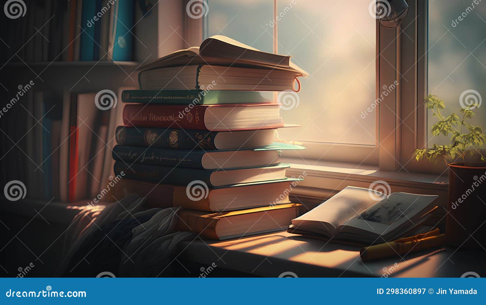 Stack of Books on Windowsill at Sunset. Toned Image Stock Illustration ...