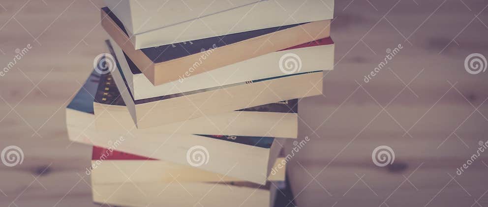 Knowledge and Science Concept: Stack of Books, Wooden Background Stock ...