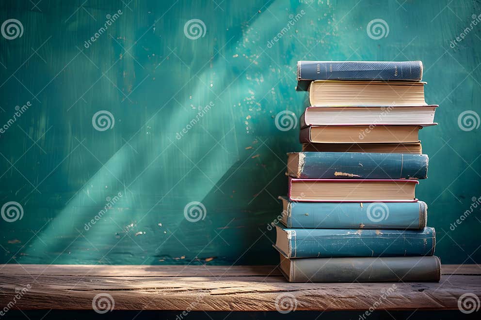 Stack of Books on Wooden Desk with Chalkboard Background,Study ...