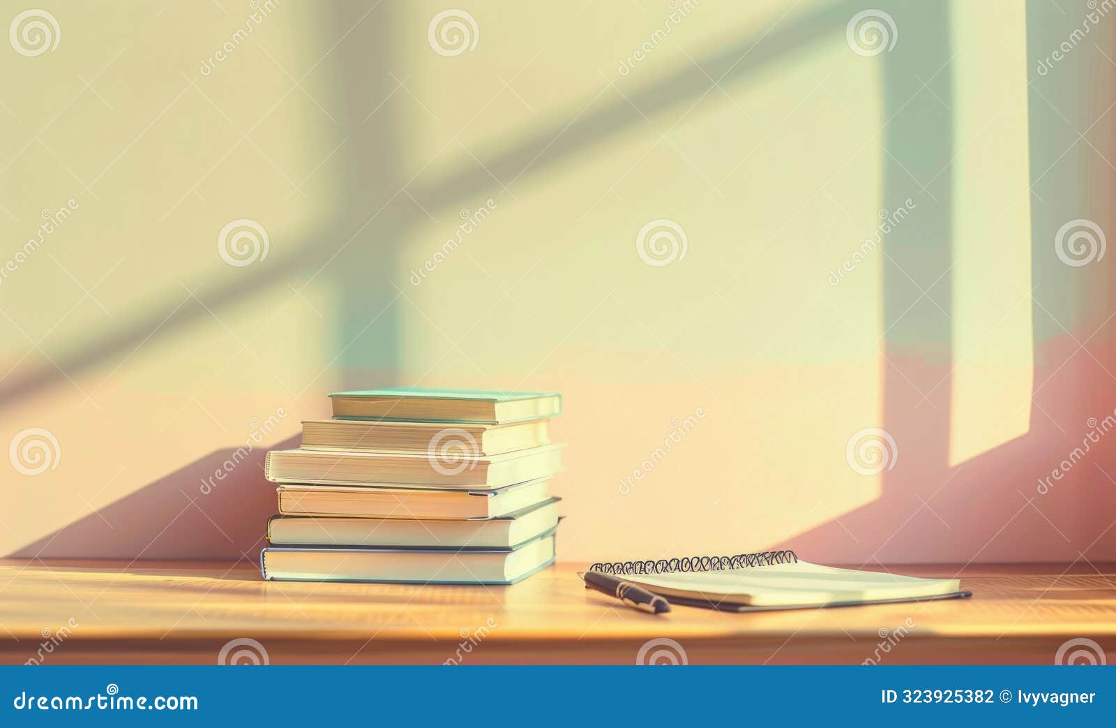 Stack of Books on a Wooden Desk with a Pastel Cream Background Stock ...