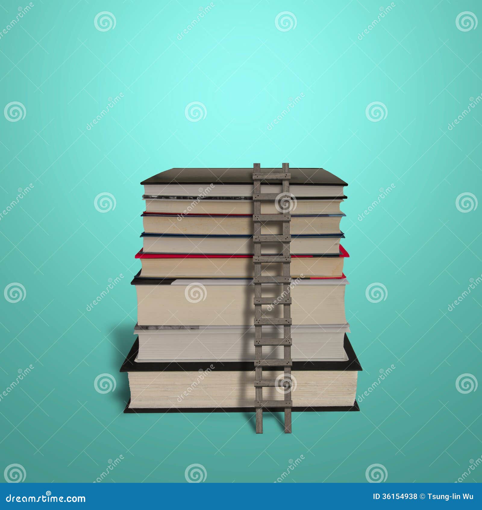 Stack of Books with Wooden Ladder Isolated in Green Stock Illustration ...