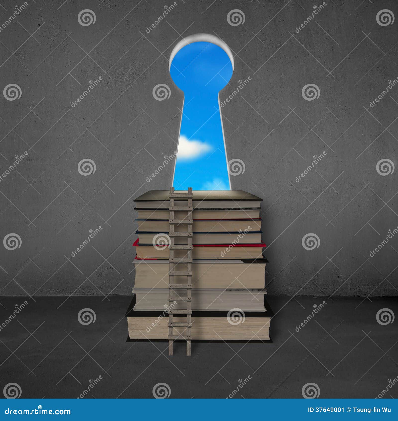 Stack Books with Wooden Ladder, Key Shape Door and Blue Sky Stock ...
