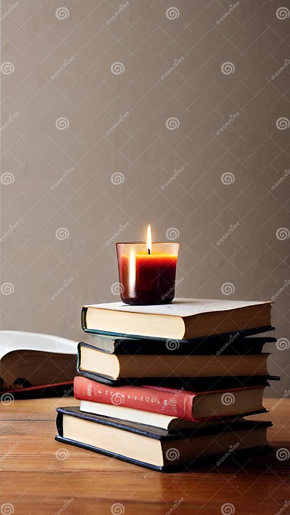 A Stack of Books on a Wooden Table with a Candle and a Mug Illustration ...