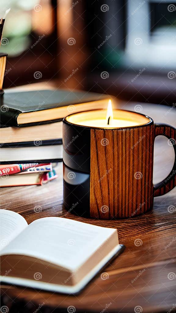 A Stack of Books on a Wooden Table with a Candle and a Mug Illustration ...