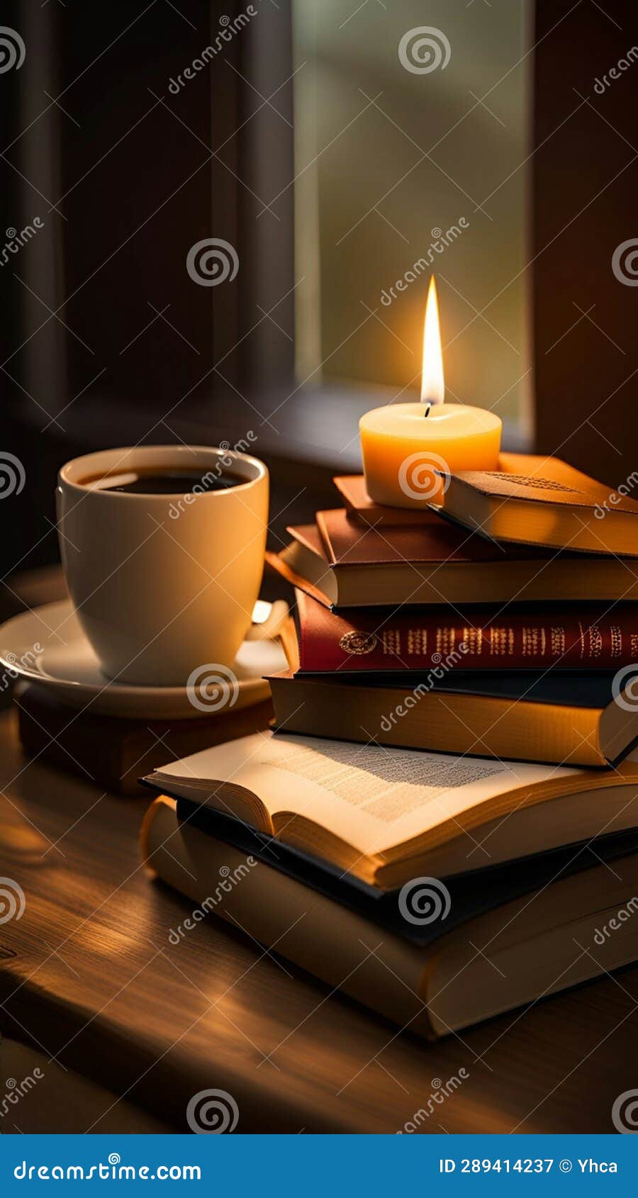 A Stack of Books on a Wooden Table with a Cup of Coffee and a Candle ...