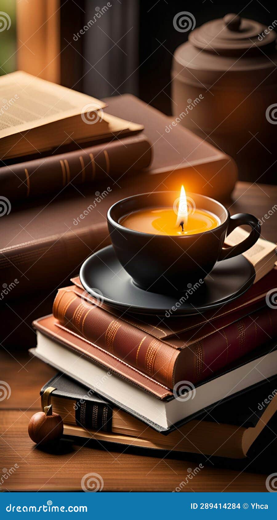 A Stack of Books on a Wooden Table with a Cup of Coffee and a Candle ...