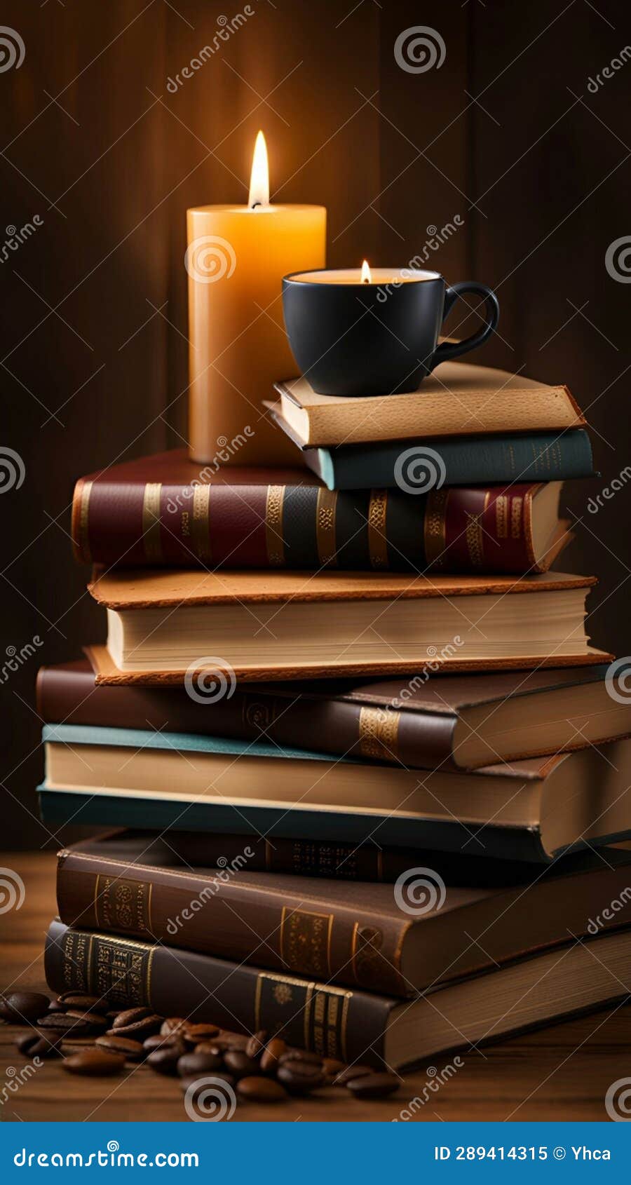 A Stack of Books on a Wooden Table with a Cup of Coffee and a Candle ...