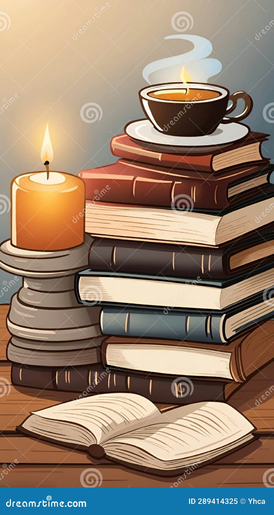 A Stack of Books on a Wooden Table with a Cup of Coffee and a Candle ...
