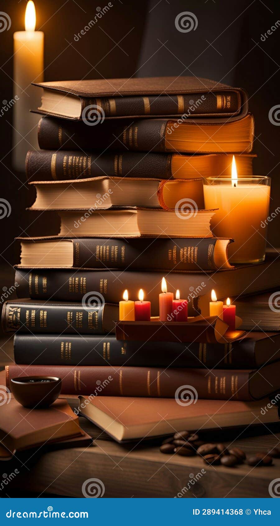 A Stack of Books on a Wooden Table with a Cup of Coffee and a Candle ...