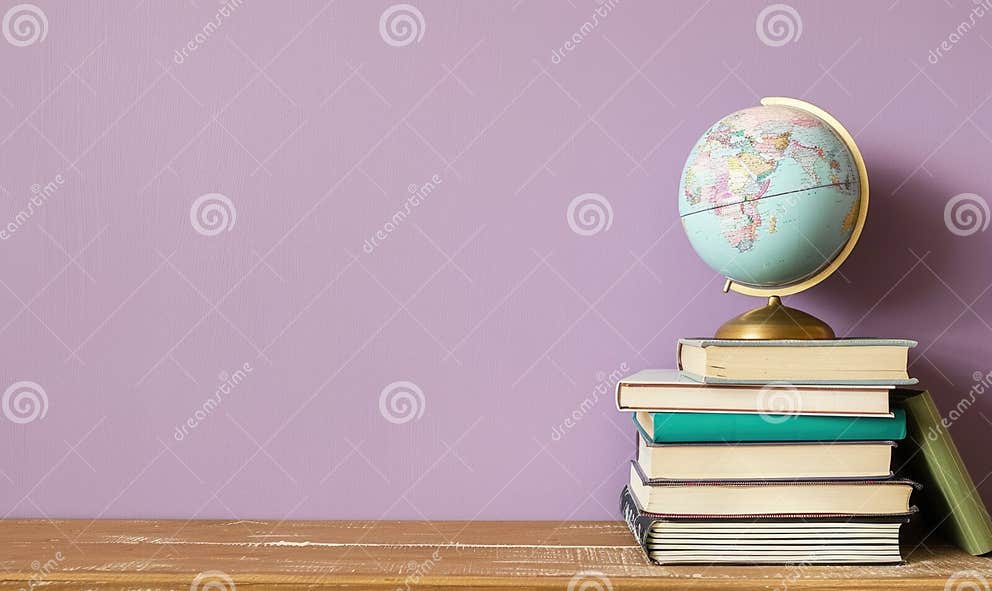 Stack of Books on a Wooden Table with a Pastel Lilac Background, with a ...