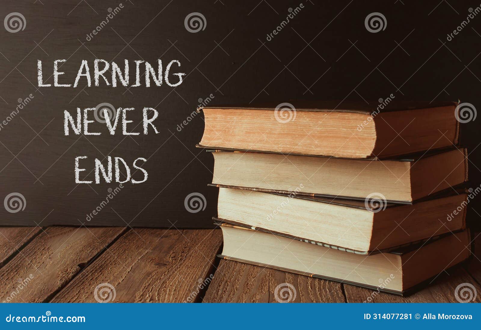 A Stack of Books with the Words Learning Never Ends Written on a ...