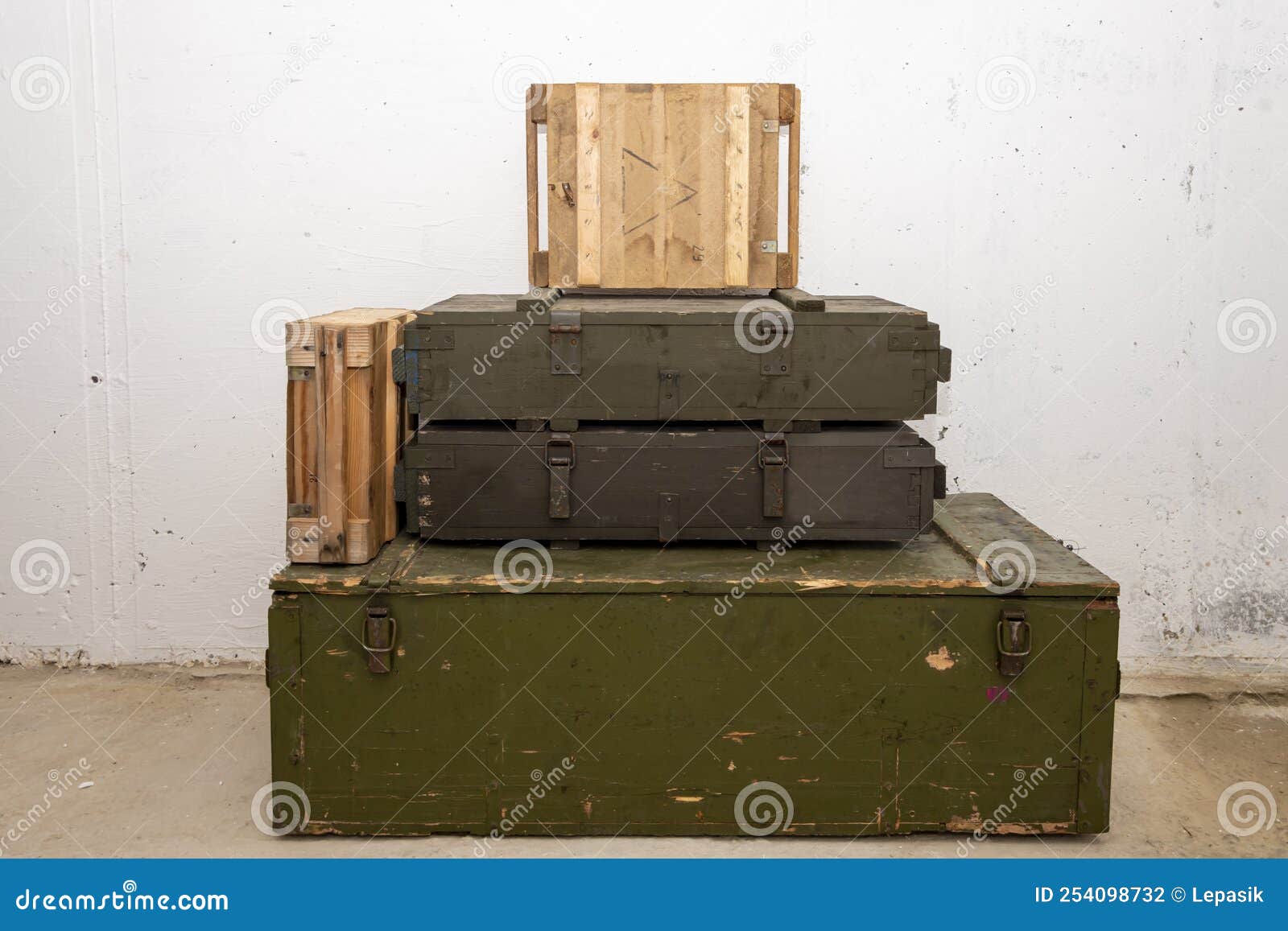 A Stack of Boxes with Ammunition and Weapons. Concept: Storage and ...