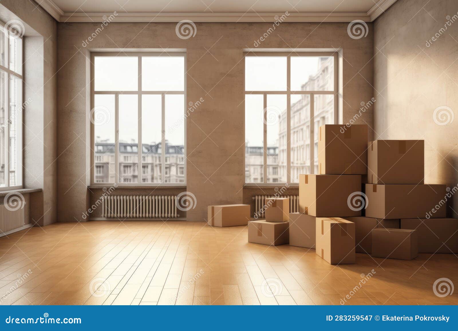 Stack of Boxes in the Empty Room. Moving in Concept Stock Illustration ...