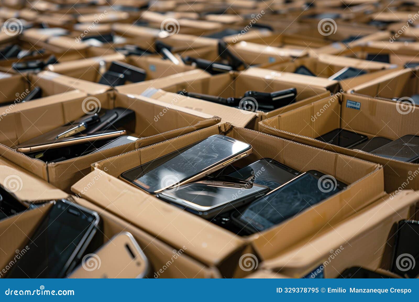A Stack of Boxes with Many Used Smartphones Inside. the Boxes are ...