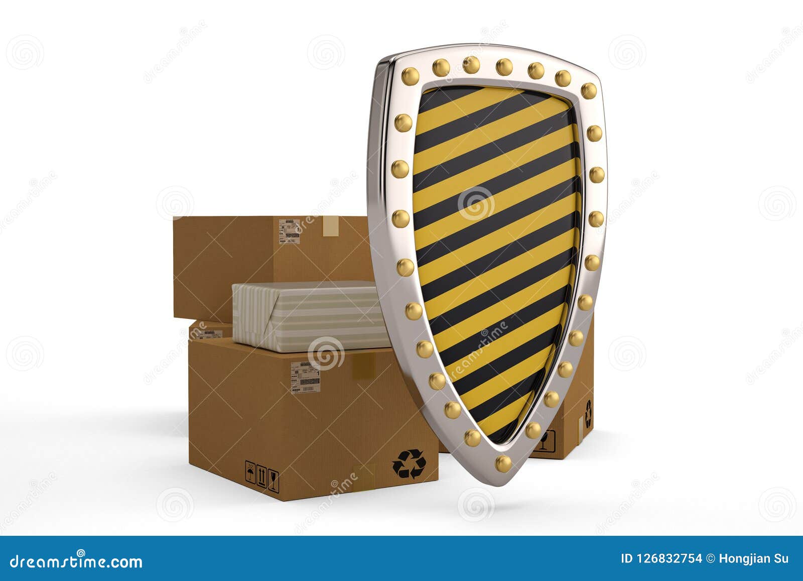 Stack of Boxes with Shield Isolated on Whiite Background.3D ...