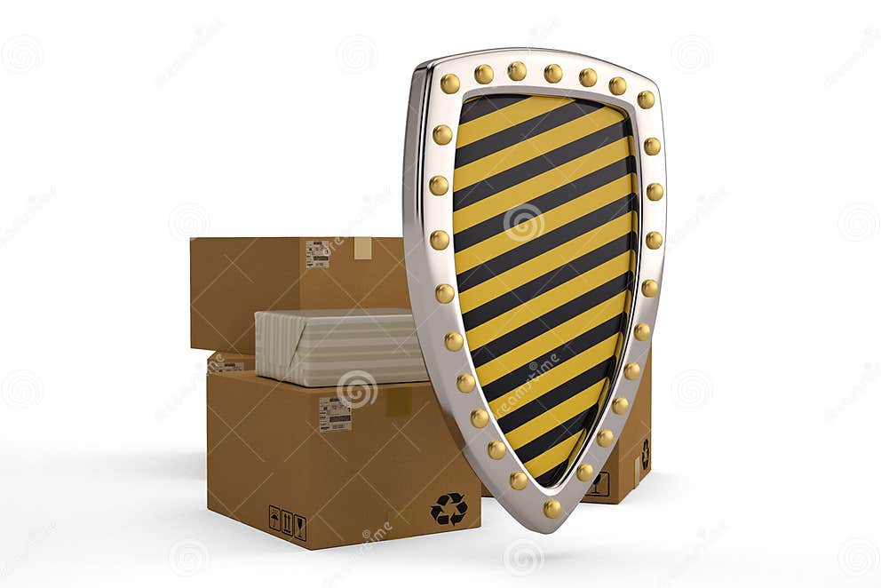 Stack of Boxes with Shield Isolated on Whiite Background.3D ...