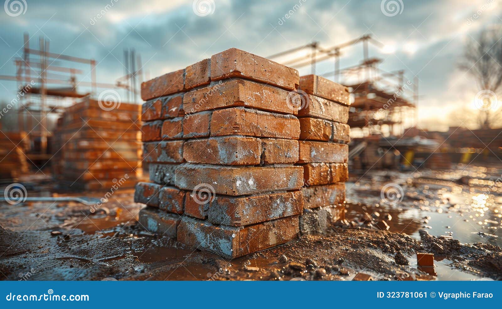 Stack of Bricks on a Construction Site during Sunset, Industrial ...