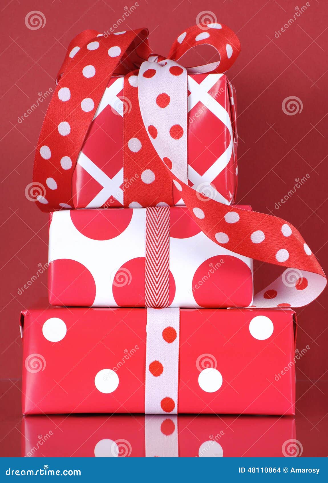 Stack of Bright Modern Red and White Polka Dot and Check Gift Boxes ...
