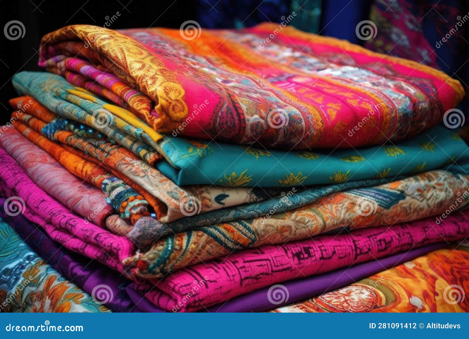 Stack of Brightly-colored Fabrics with Intricate Patterns and Textures ...