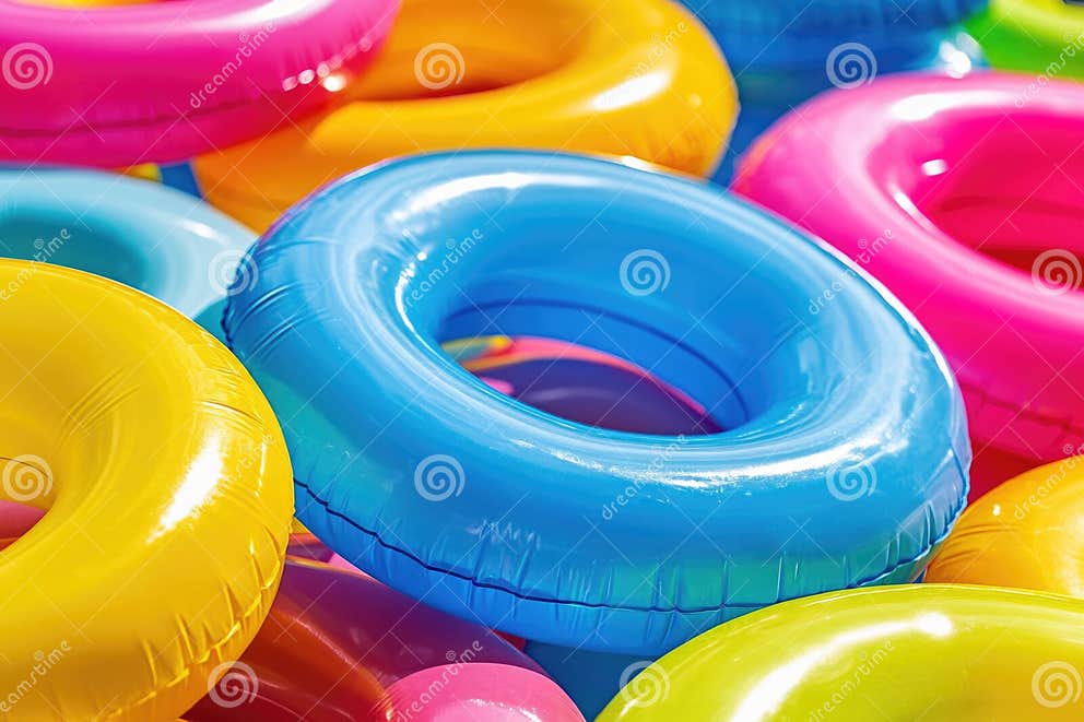 A Stack of Brightly Colored Inflatable Swimming Rings on the Ground ...