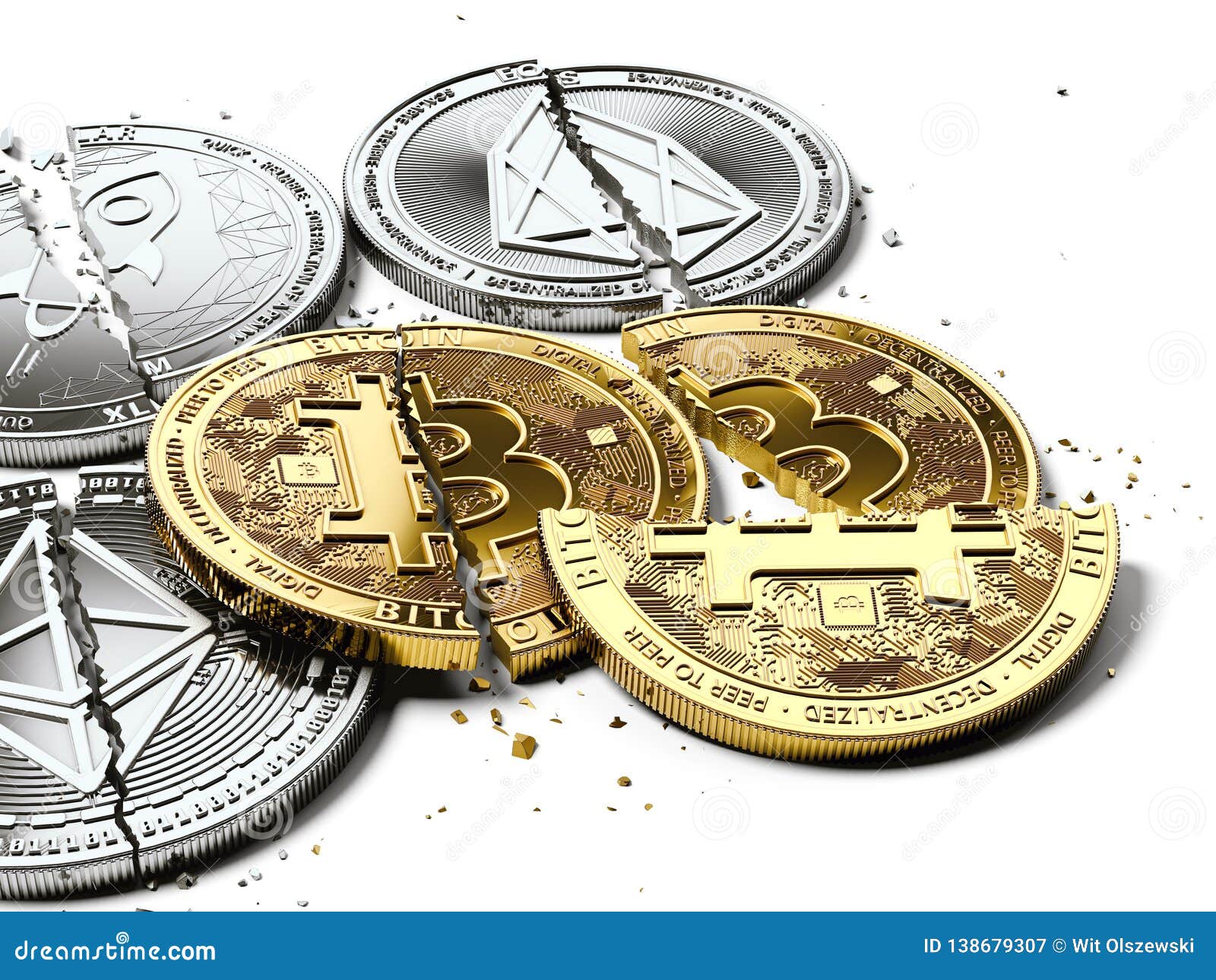 Stack of Broken or Cracked Bitcoin and Altcoins Coins Laying on White ...