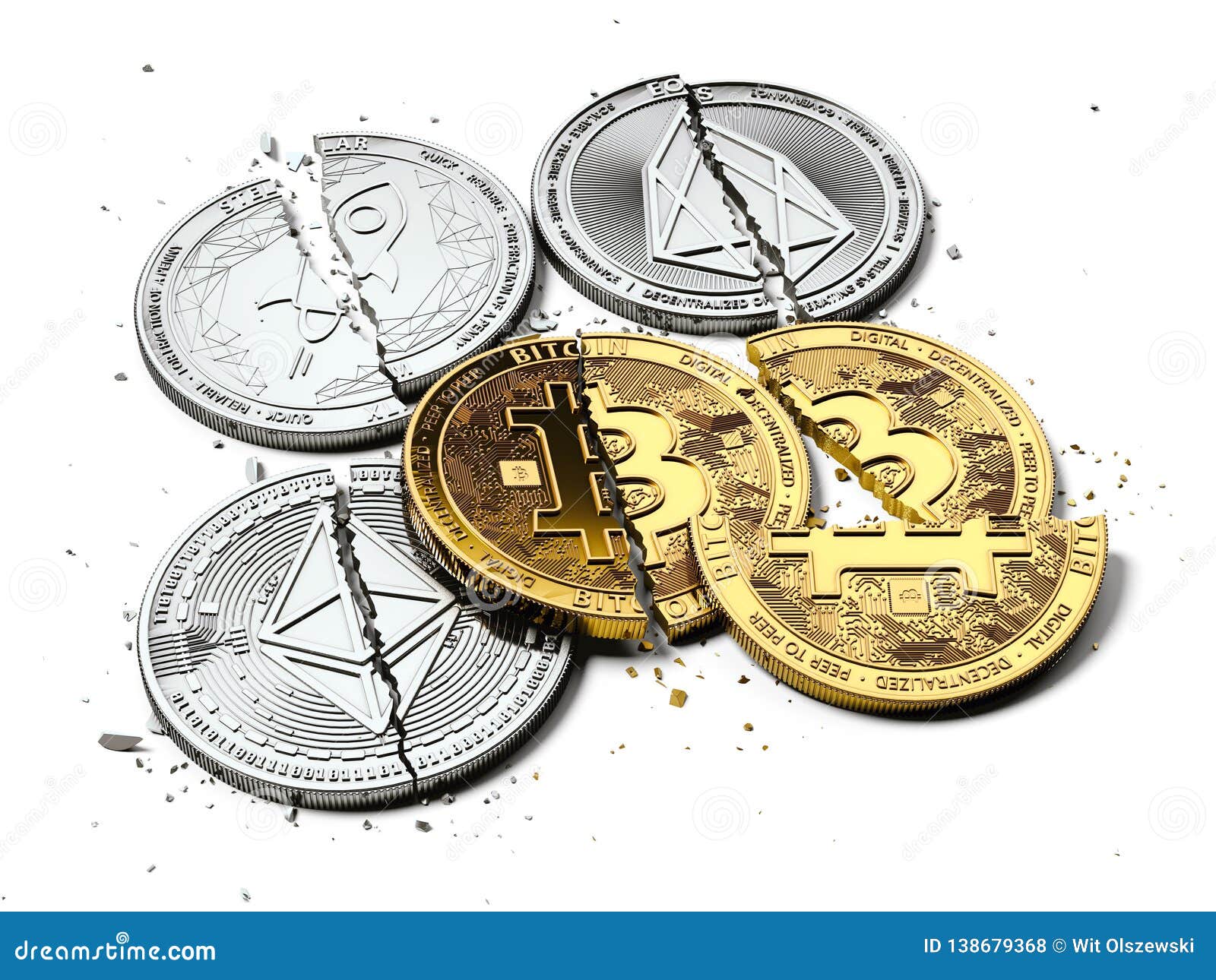 Stack of Broken or Cracked Bitcoin and Altcoins Coins Laying on White ...