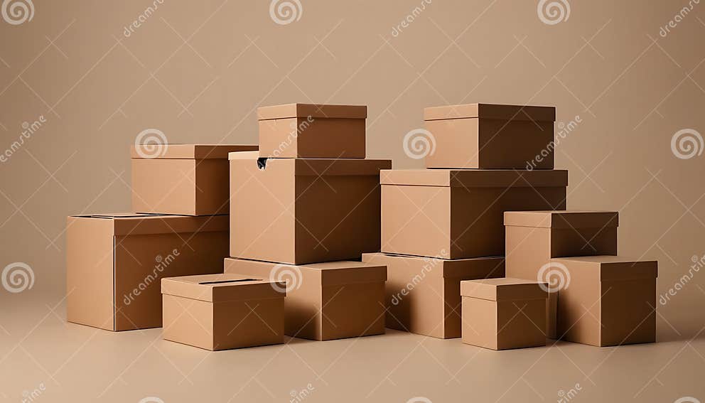 Stack of Brown Cardboard Boxes in Various Sizes with Smooth Background ...