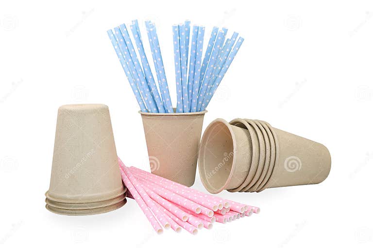 Stack of Brown Paper Cups and Paper Straws on a White Background with ...