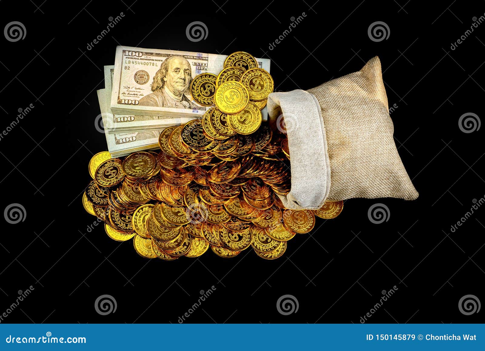 Stack Bundles of 100 US Dollars Banknotes and Gold Coin in Treasure ...