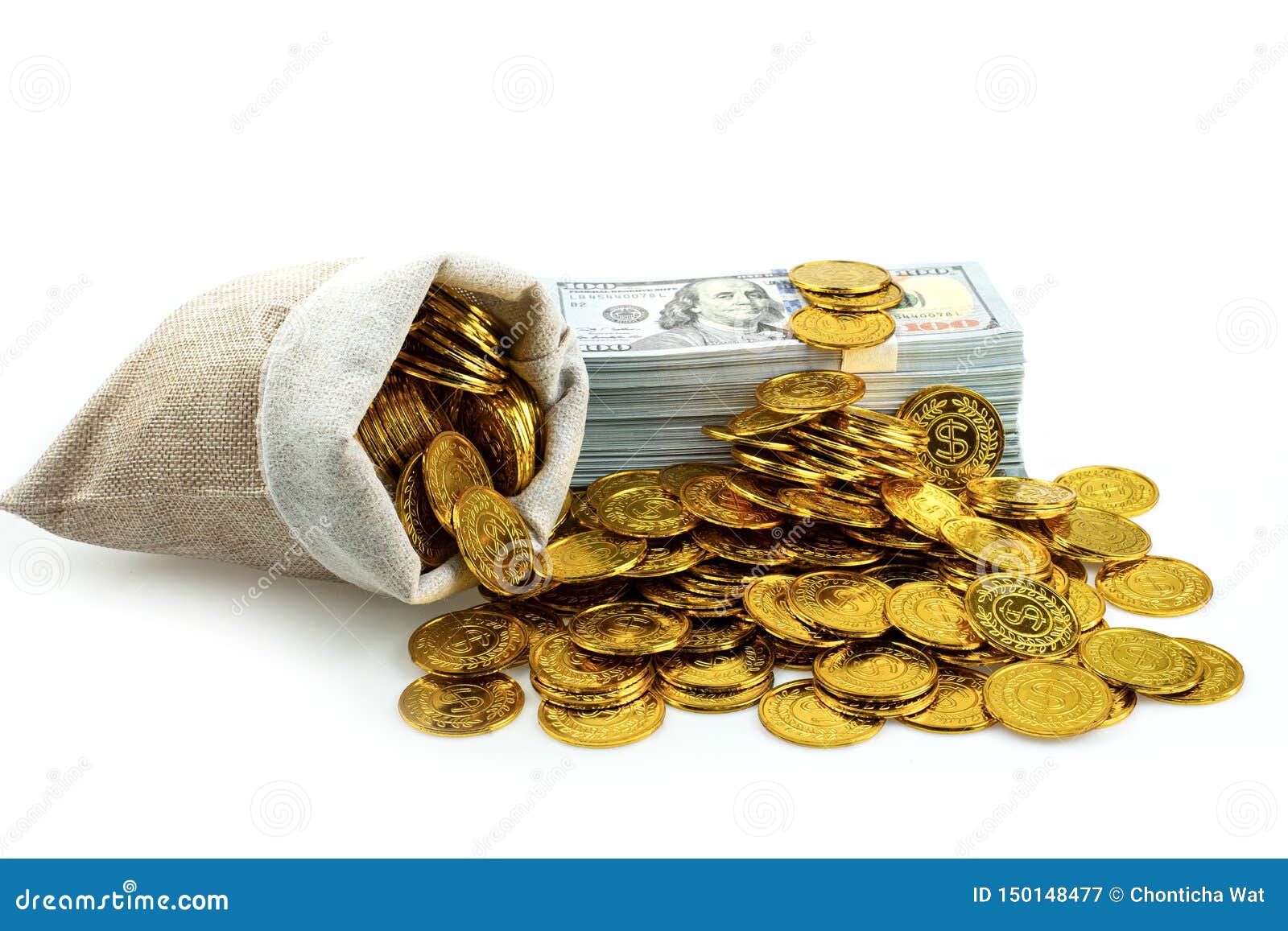 Stack Bundles of 100 US Dollars Banknotes and Gold Coin in Treasure ...