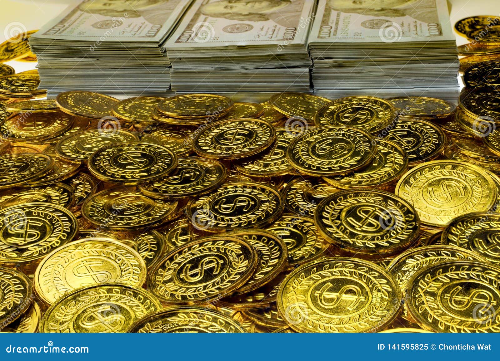 Stack Bundles of 100 US Dollars and Gold Coins Banknotes Stock Image ...