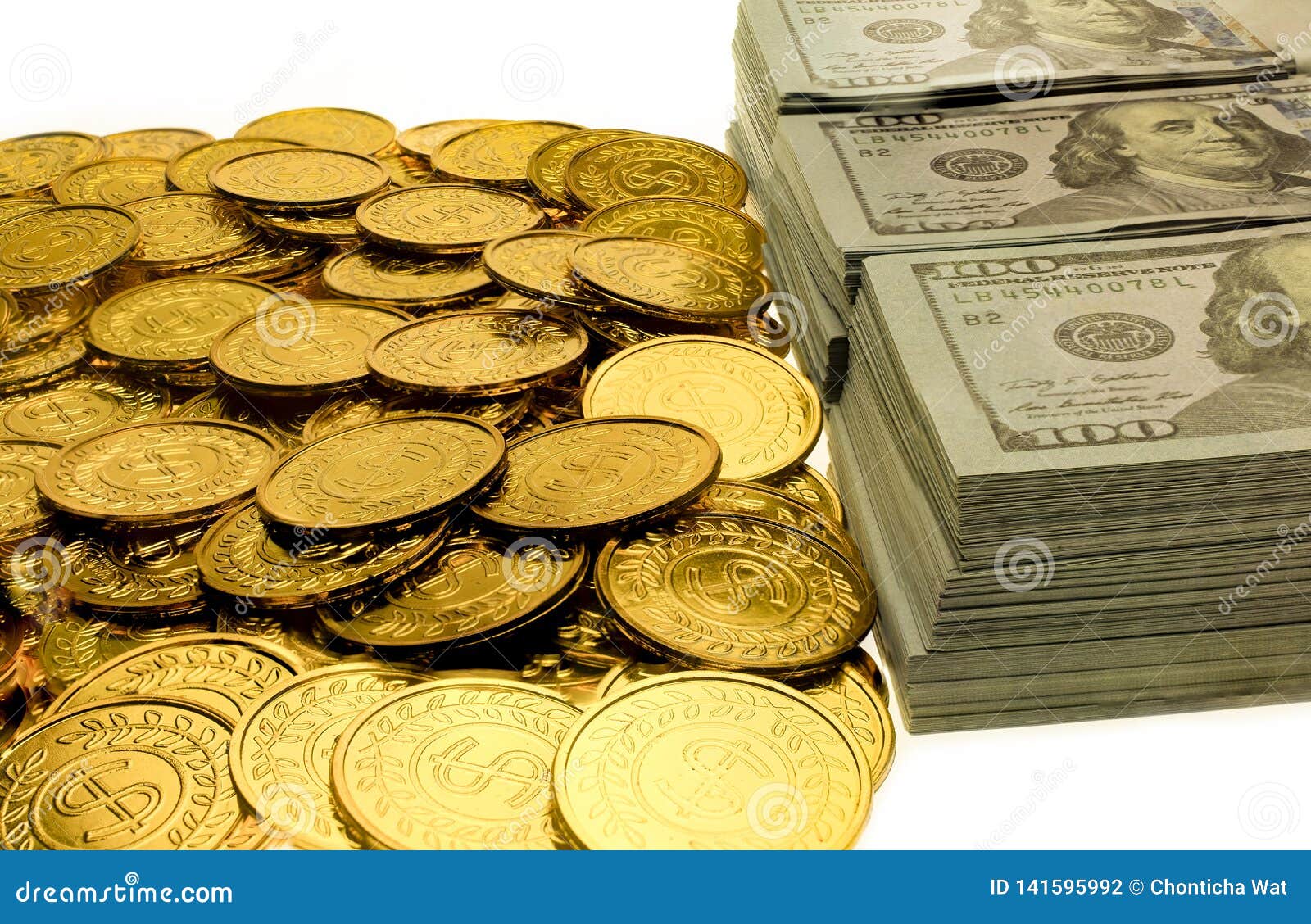 Stack Bundles of 100 US Dollars and Gold Coins Banknotes Stock Photo ...