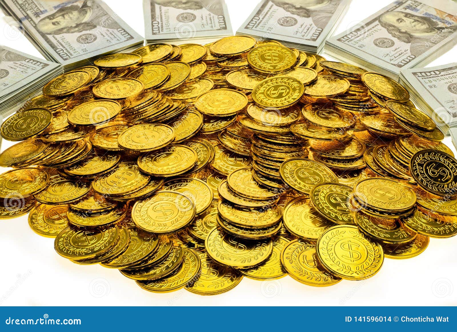 Stack Bundles of 100 US Dollars and Gold Coins Banknotes Stock Photo ...