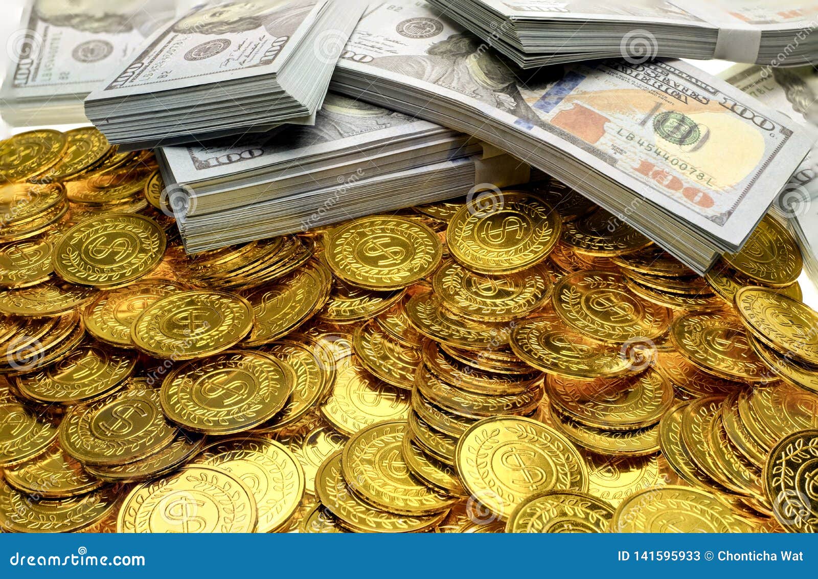 Stack Bundles of 100 US Dollars and Gold Coins Banknotes Stock Image ... Stack Bundles of 100 US Dollars and Gold Coins Banknotes Stock Image ...
