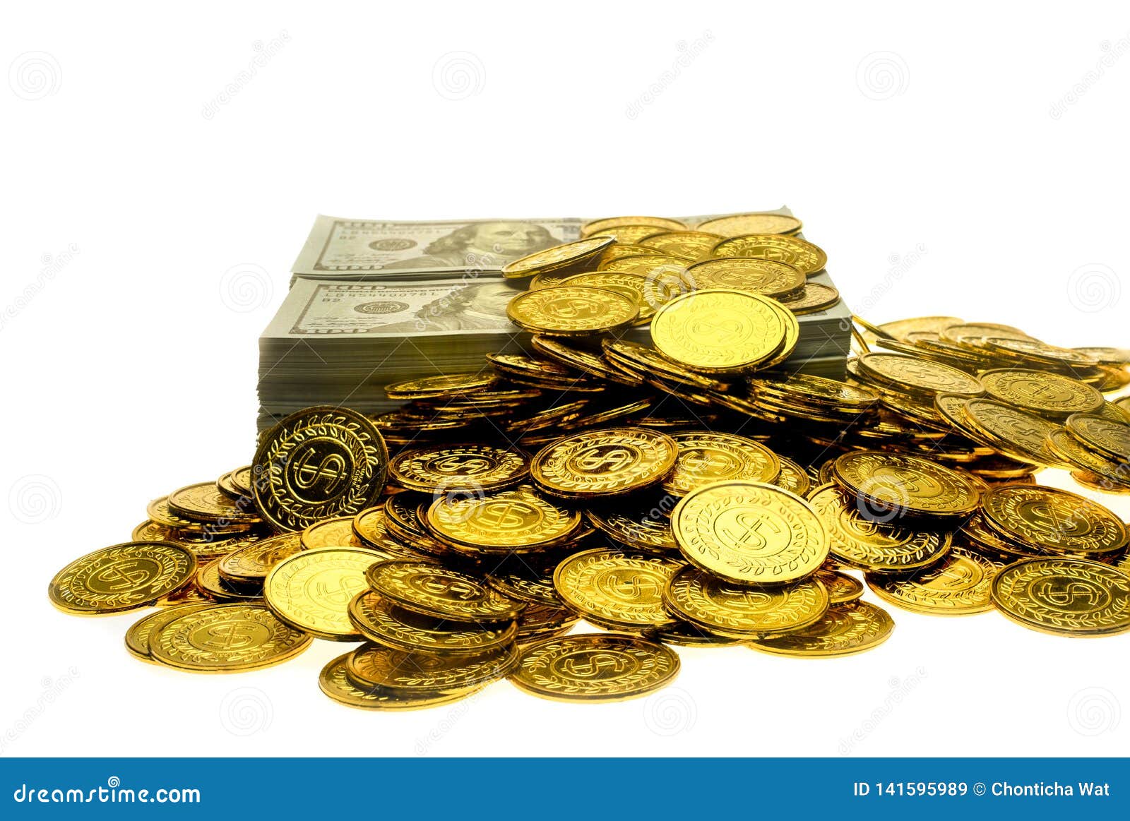 Stack Bundles of 100 US Dollars and Gold Coins Banknotes Stock Image ...