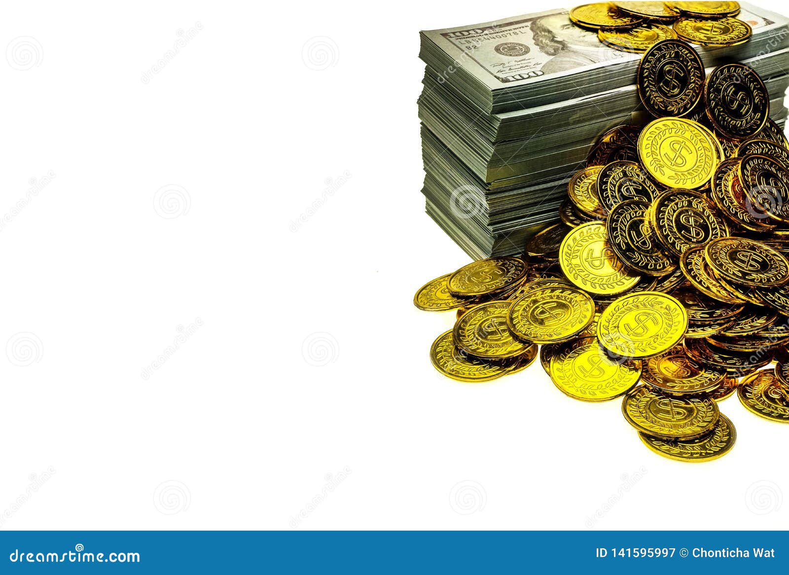 Stack Bundles of 100 US Dollars and Gold Coins Banknotes Stock Image ...