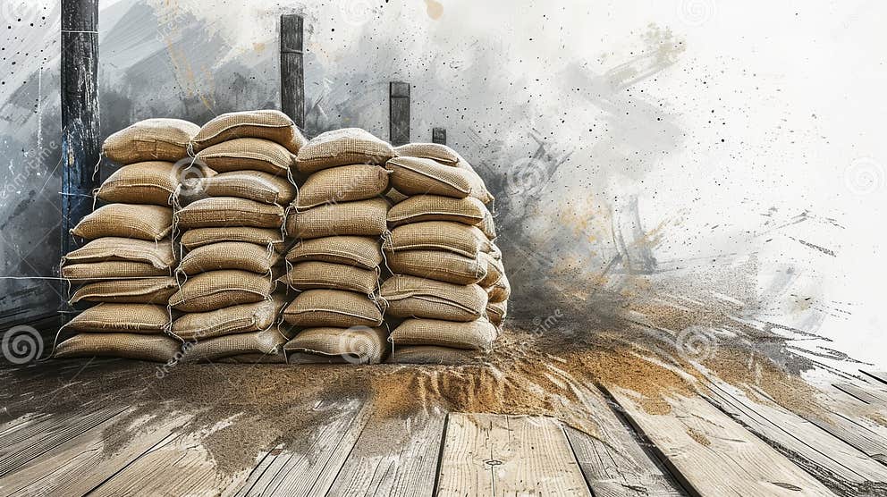 Stack of Burlap Sacks with Abstract Splattered Effects on Wooden Dock ...