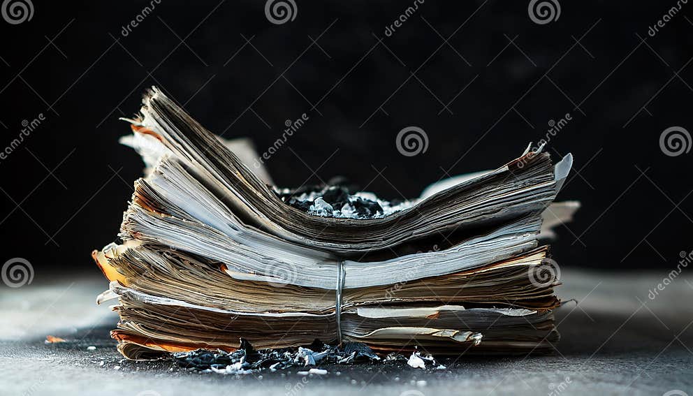 Stack of Burned Paper Documents. Dark Background Stock Illustration ...
