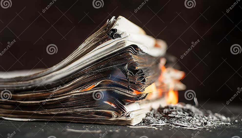 Stack of Burned Paper Documents. Dark Background Stock Illustration ...